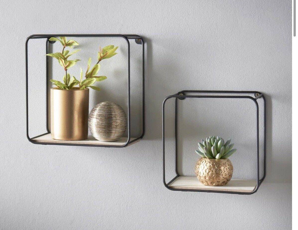 SET OF 2 METAL WIRE FRAME DECORATIVE WALL MOUNTED WIRE CUBE - HOMION